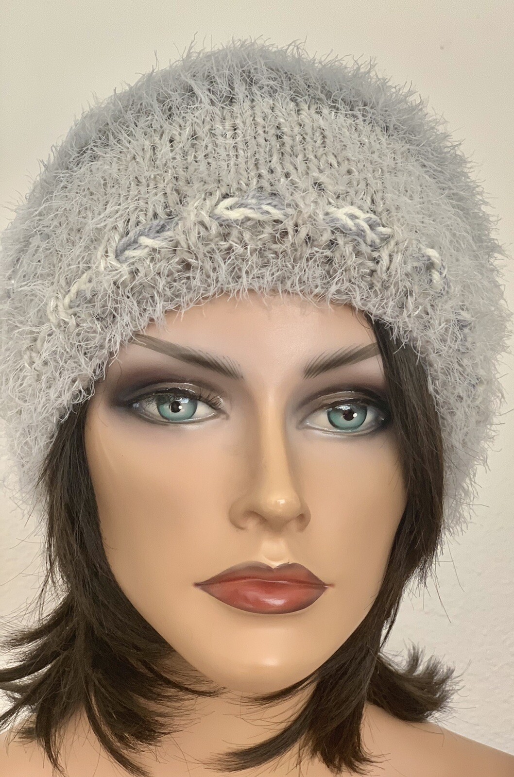 Hand Knits 2 Love Slouch Beanie Hat Cap Misty Silver Beads Mohair Style ...