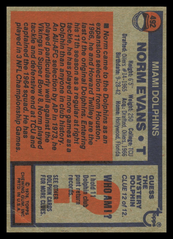 1976 Topps Football #492 Norm Evans Miami Dolphins | eBay