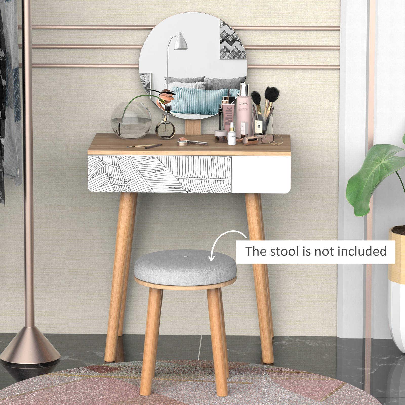 Wooden Compact Dressing Table w/ Drawer Mirror 4 Legs Table Top Bedroom ...