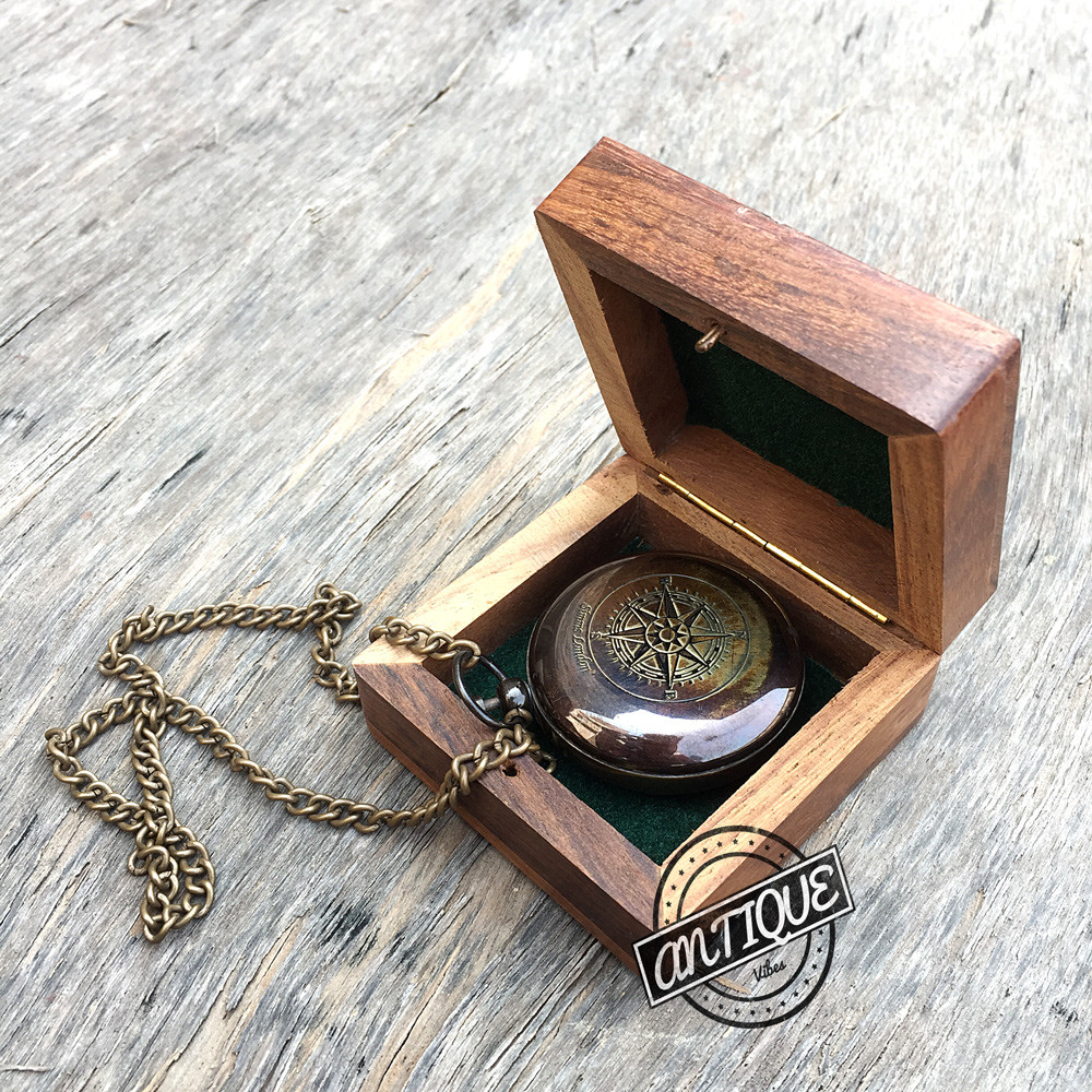 Vintage Round Cover Chain Compass in Wooden Box Traveling Compasss ...