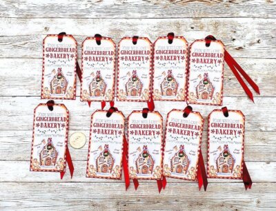 10-Christmas-Gingerbread-House-Cookie-Bakery-Linen Cardstock-Gift-Hang ...