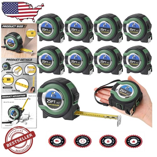 25ft Green Measuring Tape Set - 10 Durable Steel Tapes with Easy Read ...