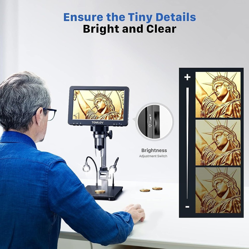 TOMLOV DM9 Pro Digital Microscope 1200X HDMI Magnifier 7" Coin ...