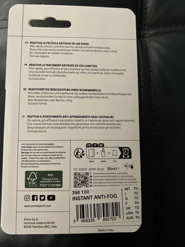 Arena Instant Anti-fog Spray For Swim Goggles 35ml | eBay