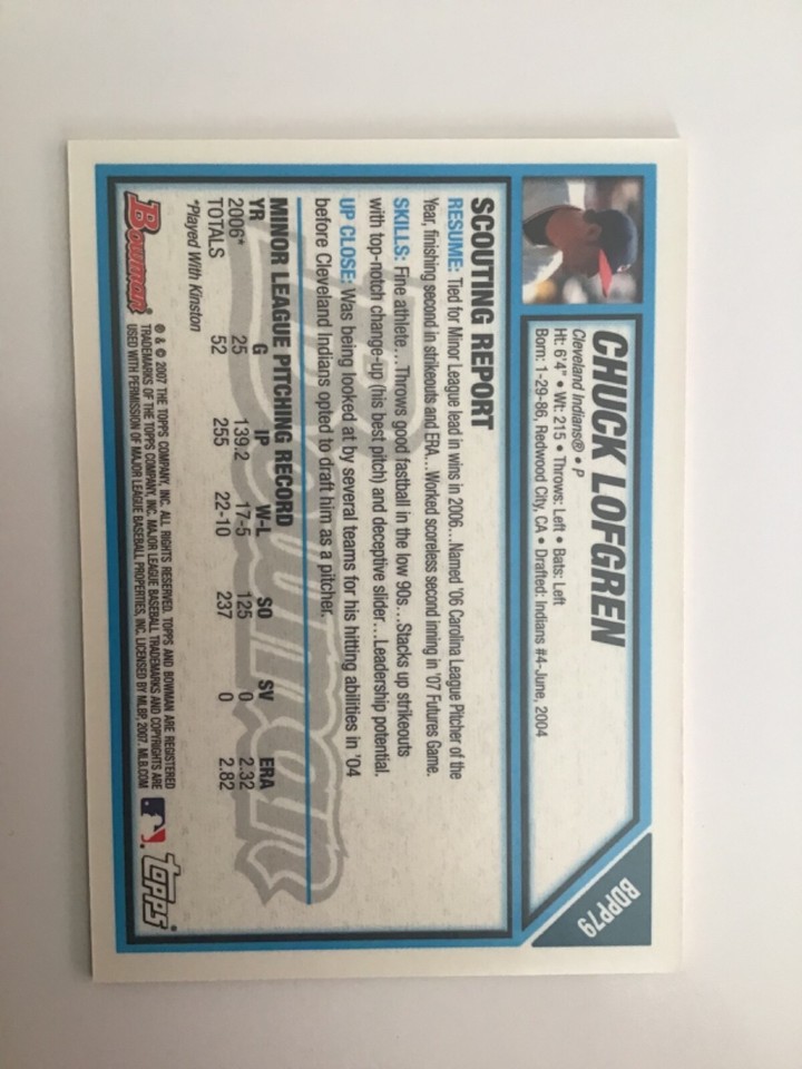 2007 Bowman Draft Chuck Lofgren Gold Parallel Prospect #BDPP79 ...
