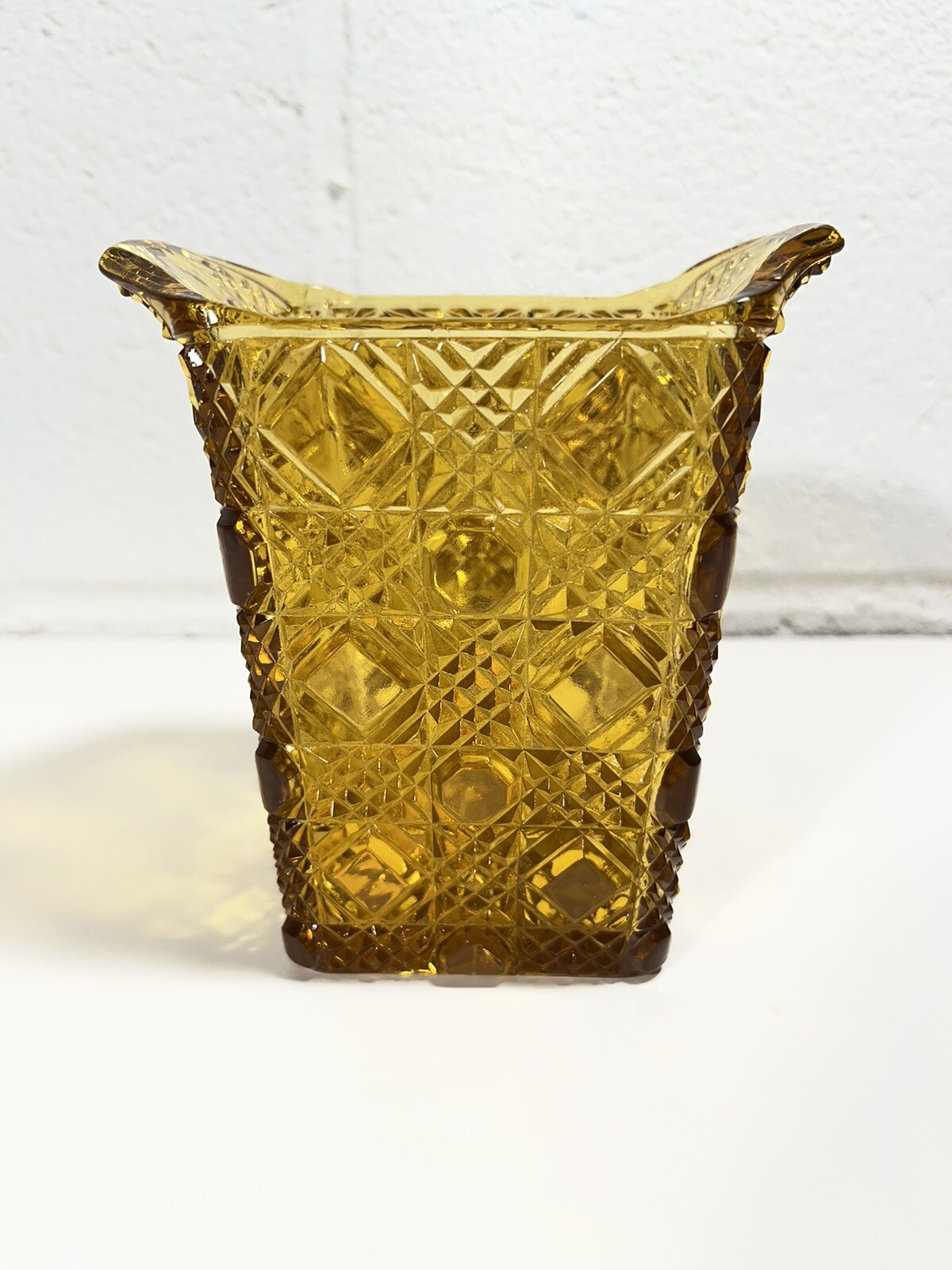 Vintage Art Deco Amber Pressed Glass Vase Geometric Shapes Square 4.25 ...