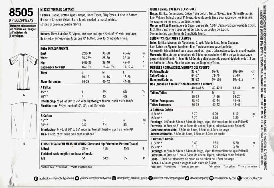Simplicity 8505 Retro Vintage 1930s Caftans Sewing Pattern Uncut Size S ...