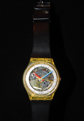 Original Gent 34mm Signed 1985 Swatch Watch Jellyfish Black Band Tested ...