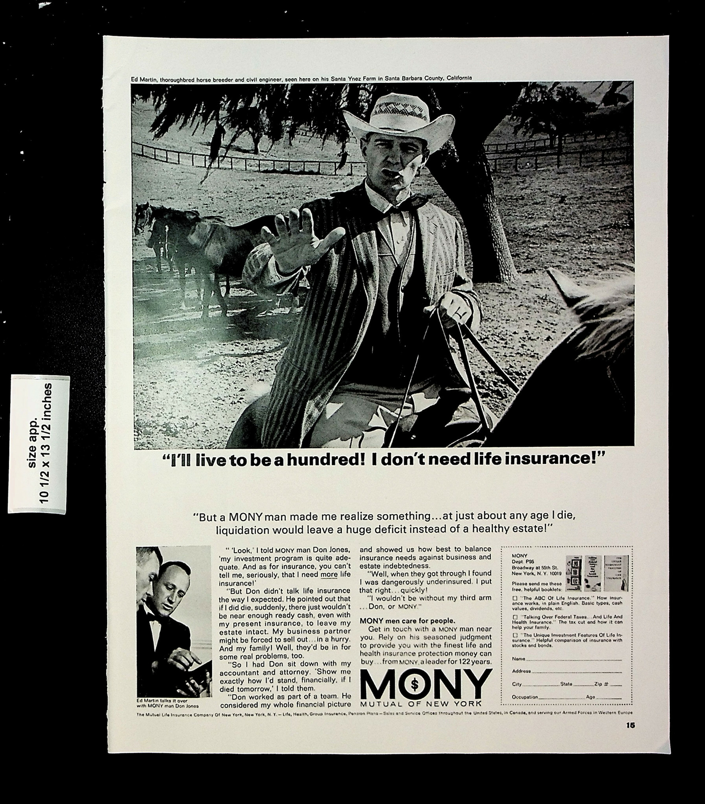 1965 MONY Mutual of New York Insurance Ed Martin Horse Vintage Print Ad ...