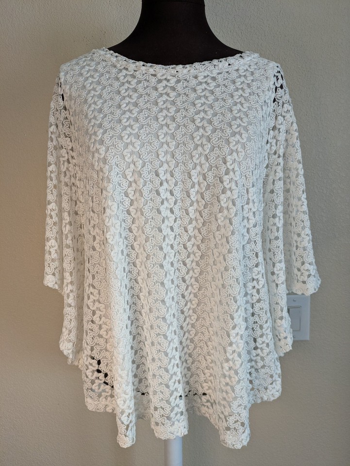 Poncho Top Womens 2X White Crochet Lace Pull Over Lined USA Dressbarn ...