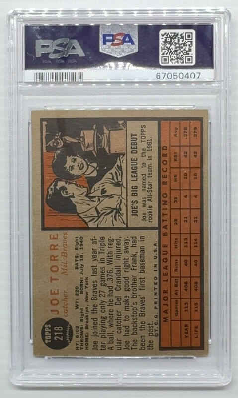 1962 Topps Joe Torre Rookie Card RC #218 PSA 4 VG-EX Braves | eBay