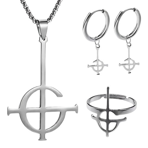GHOST BC CROSS 3-PC JEWELRY SET 316L STEEL NECKLACE EARRINGS RING METAL ...