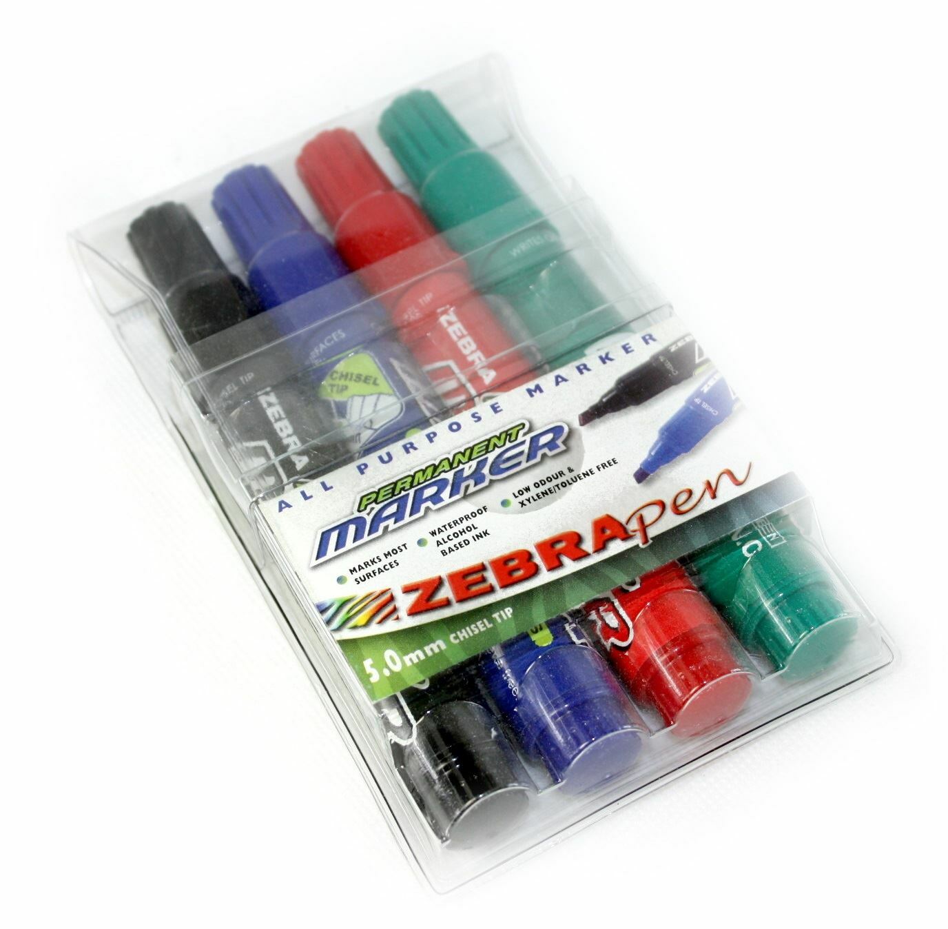 Zebra Permanent Marker Pens - Chisel tip - 5mm - Assorted - Pack of 4 ...