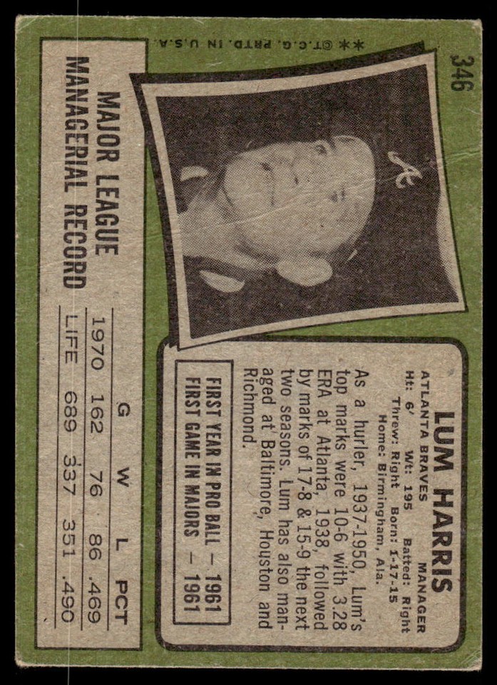1971 Topps Lum Harris #346 Atlanta Braves Baseball Card | eBay