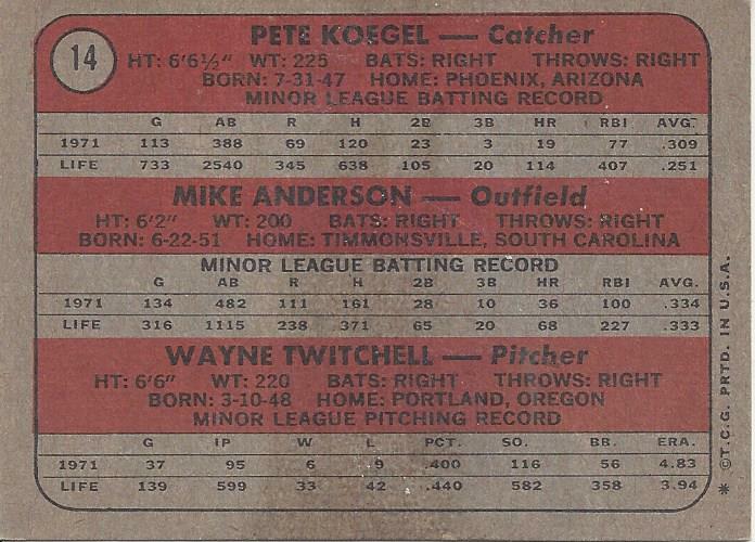 1972 Topps Phillies Rookie Stars Pete Koegel Mike Anderson Wayne ...