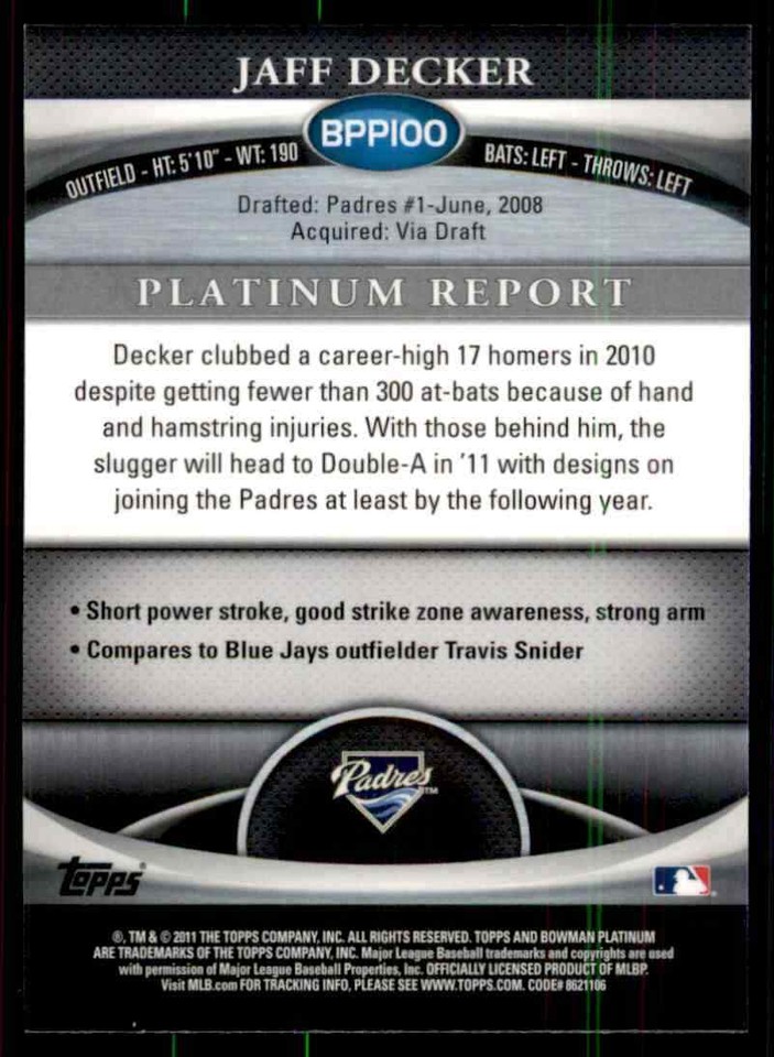 2011 Bowman Platinum Prospects Purple Jaff Decker BPP100 San Diego ...