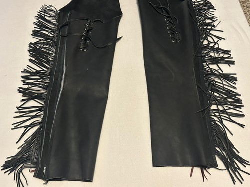 Vintage Gypsy Black Leather Biker Moto Chaps Womens Fringe Rose Concho ...