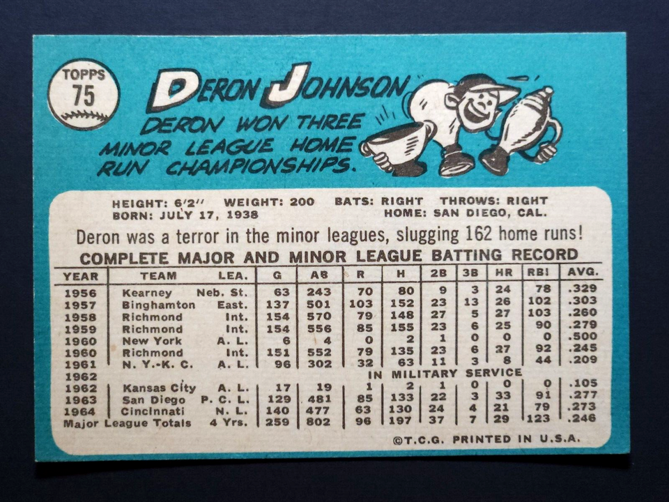 1965 TOPPS BASEBALL #75 DERON JOHNSON *A* CINCINNATI REDS *VGEX* SMALL ...