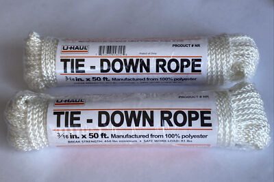 2-Pack U-Haul Tie Down Rope 450 lbs Polyester Fibers 3/16 In x 50 ft ...