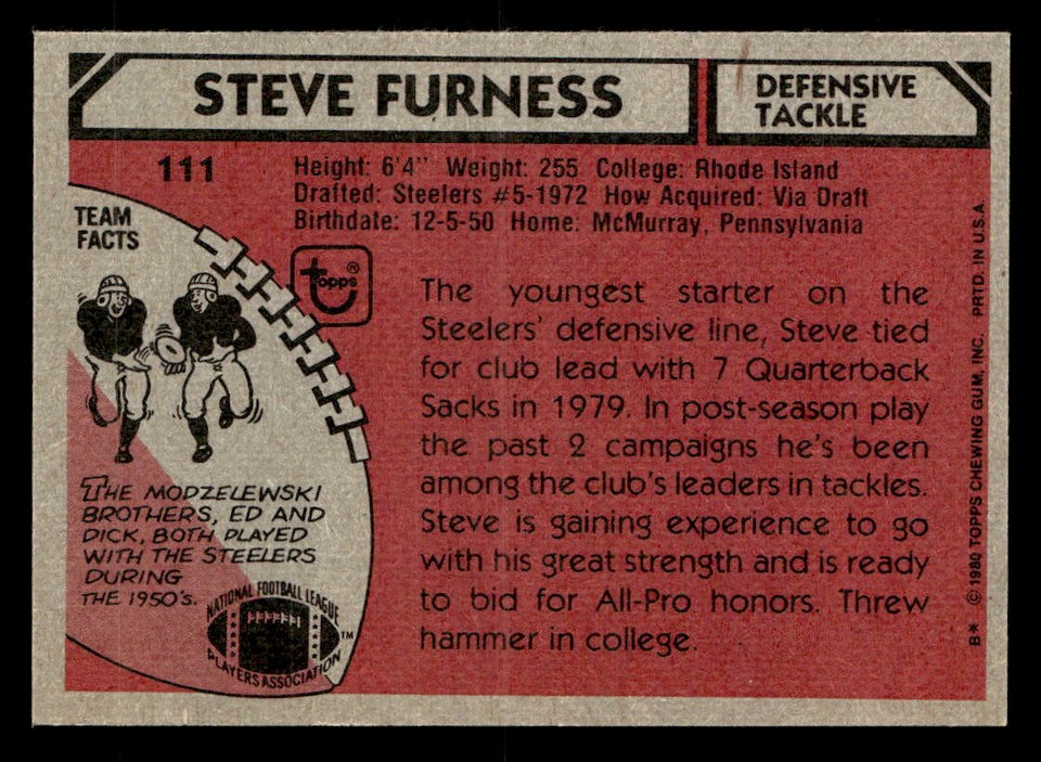 Steve Furness 1980 Topps Card #111 Pittsburgh Steelers | eBay