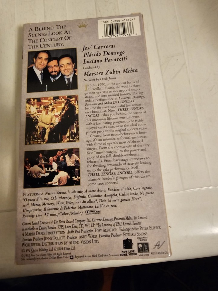Three Tenors: Encore on VHS Placido Domingo, Luciano Pavarotti, Jose ...