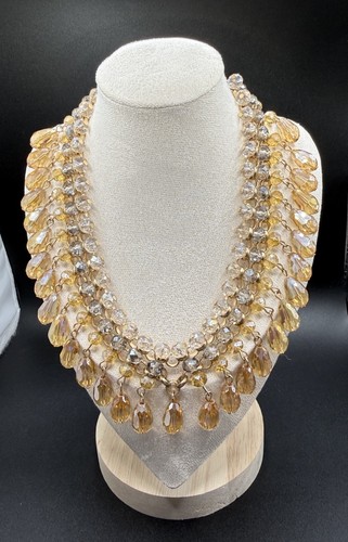 Statement Bib Necklace Golden Tones Amber Beaded Teardrop Natasha ...