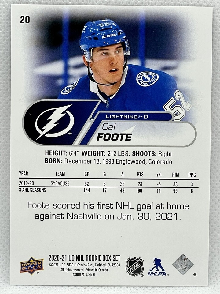 Cal Foote 2020-21 UPPER DECK UD NHL ROOKIE STARS #20 RC Lightning @1733 ...