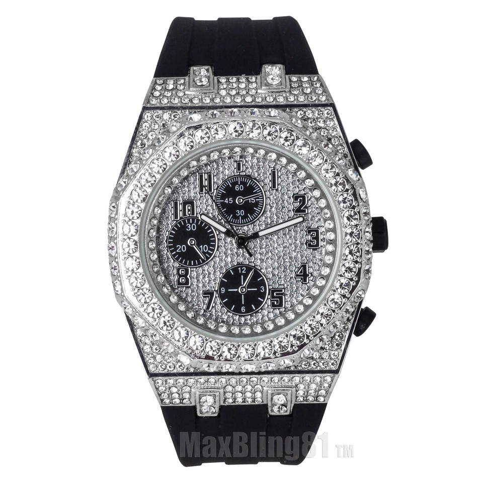 HIP HOP ICED SILICONE BAND LUXURY SIMULATED DIAMOND BLING OCTAGON BEZEL ...