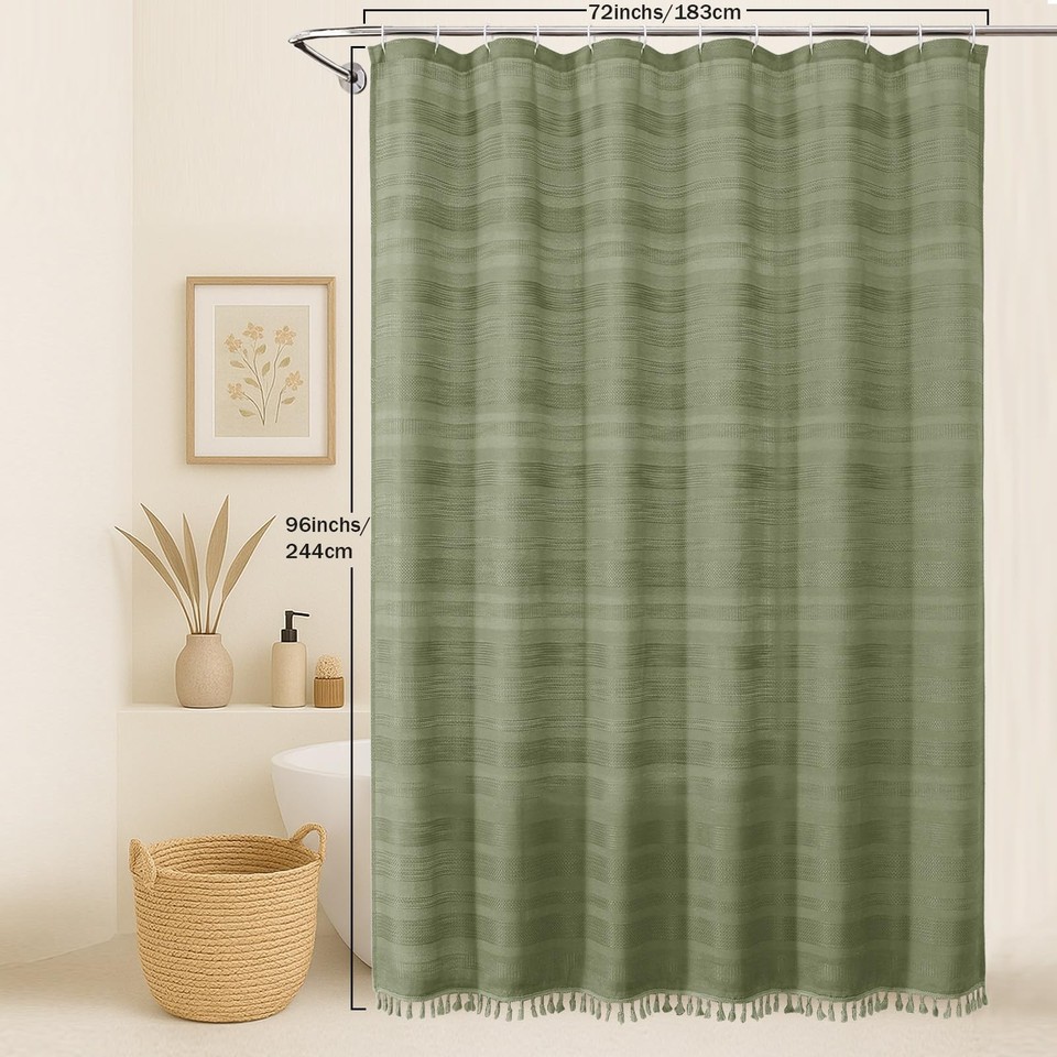 Extra Long Sage Green Shower Curtain 96 Inch Long, Boho Linen Textured ...