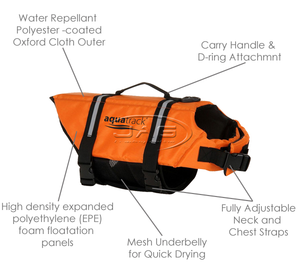 DOG LIFE JACKET ORANGE PET PFD SAFETY VEST - AQUATRACK BUOYANCY ...