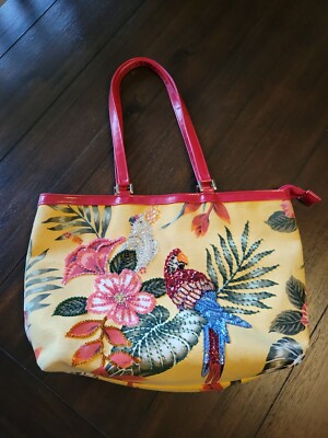 Beaded & Sequin Parrot Bird Design Canvas Handbag by Christy Red ...