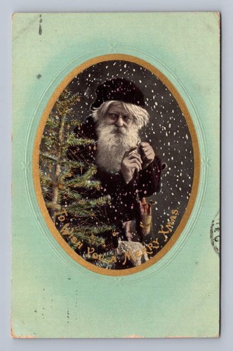 Shy Santa Claus Hiding Behind Christmas Tree Antique Snow Postcard ...