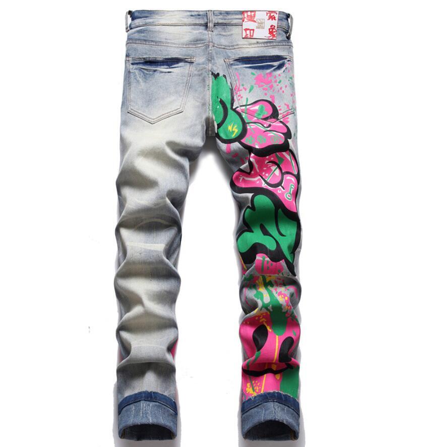 Men's Blue Color Printed Ripped Straight Leg Denim Jeans Casual Punk ...