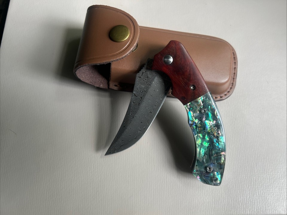 Stauer Damascus folding pocket knife with abalone & Wood Handle NIB | eBay
