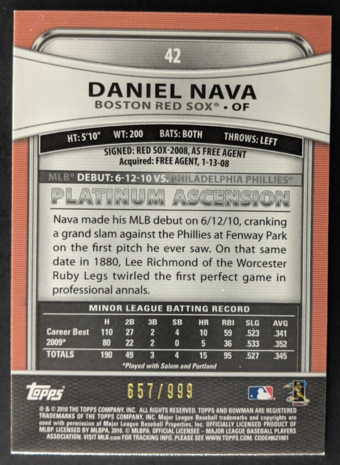 Daniel Nava 2010 Bowman Platinum REFRACTOR #42 Baseball MLB Card Rookie ...