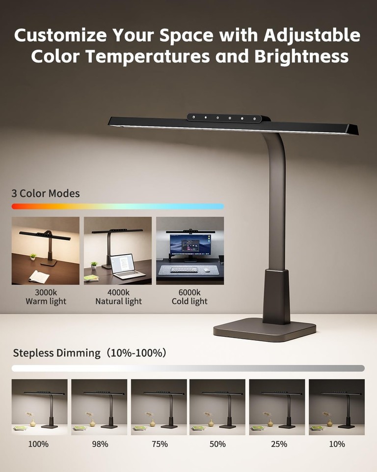 Desk Lamp for Home Office with Base, Dimmable Eye-Caring Computer Light ...