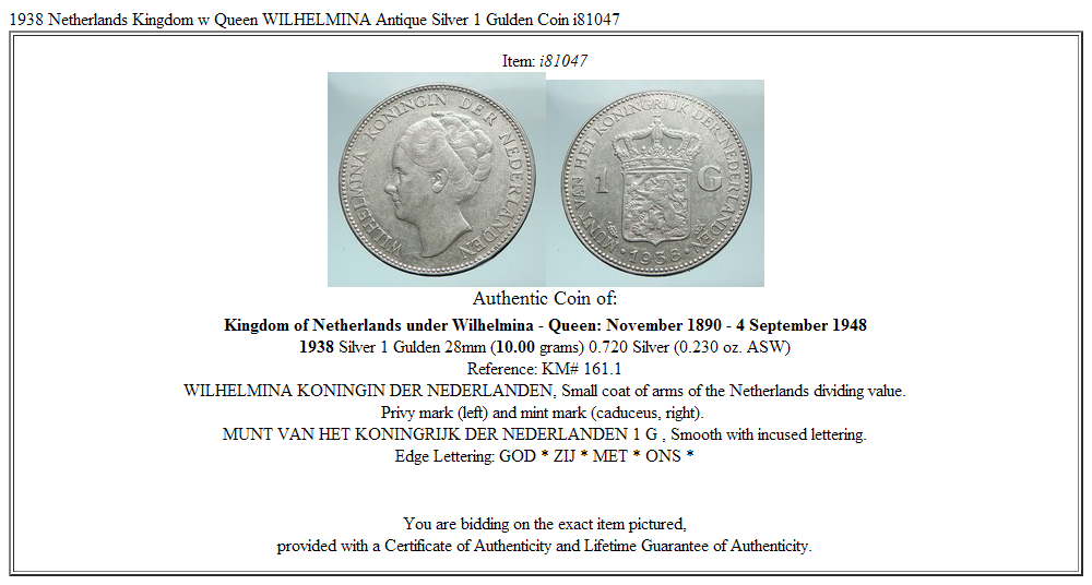 1938 Netherlands Kingdom w Queen WILHELMINA Antique Silver 1 Gulden ...
