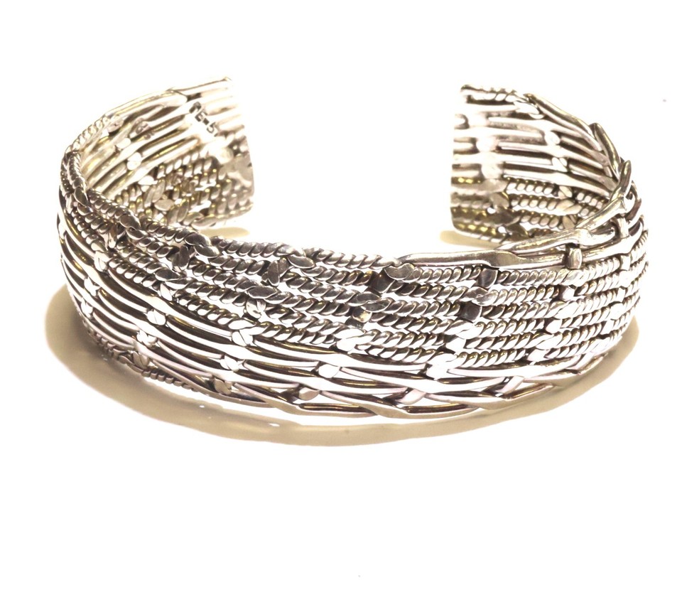 925 sterling silver Cuff Adjustable bracelet 36.9g 7" fancy woven ...