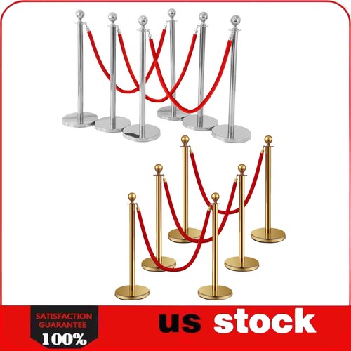 Crowd Control Stanchion Set VIP Queue Barrier Poles w/ Red Velvet Ropes ...
