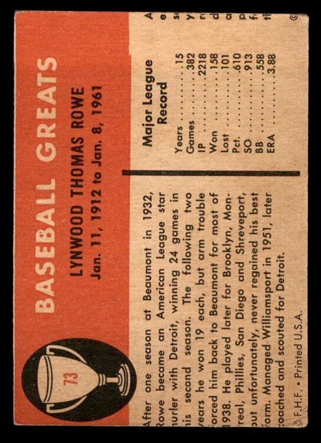 1961 Fleer Baseball Greats - #73 Schoolboy Rowe for sale online | eBay