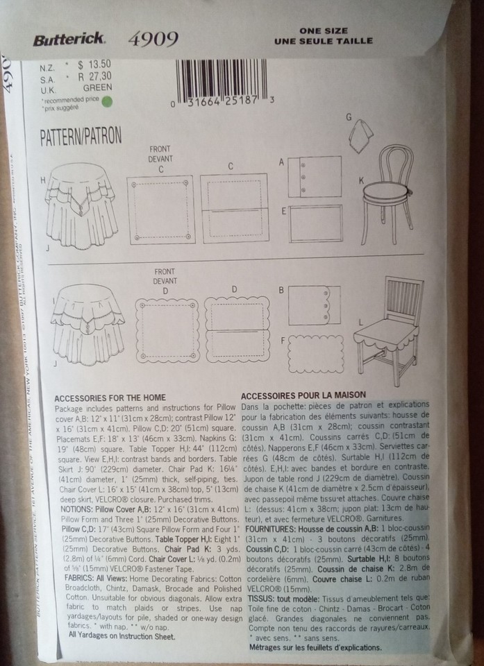 BUTTERICK Pattern #4909 Accessories for the Home UNCUT 1997 | eBay