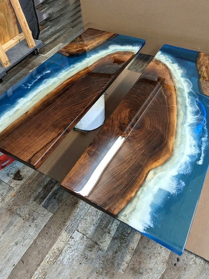 Custom Epoxy Resin River Ocean Wave Resin Coffee Table Wood Plank ...