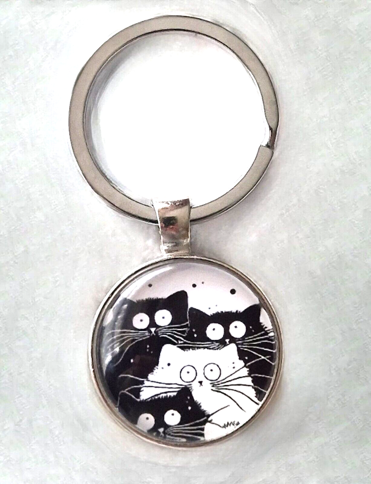 Comical Cartoon Black And White Cats Glass Keyring | eBay