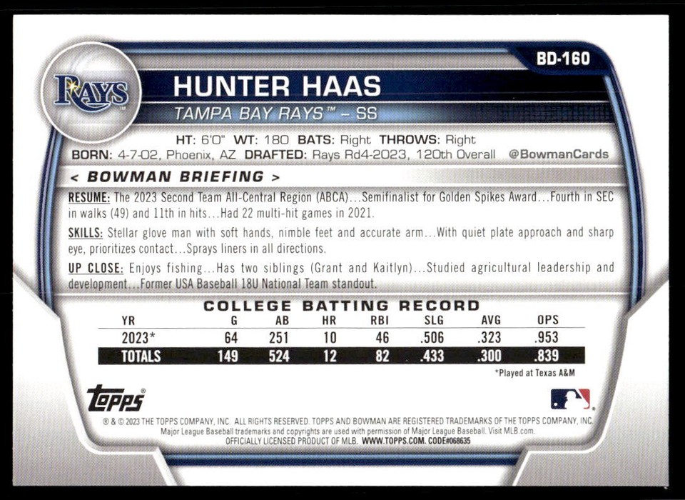 Hunter Haas 2023 Bowman Draft BD-160 Tampa Bay Rays Baseball Card | eBay