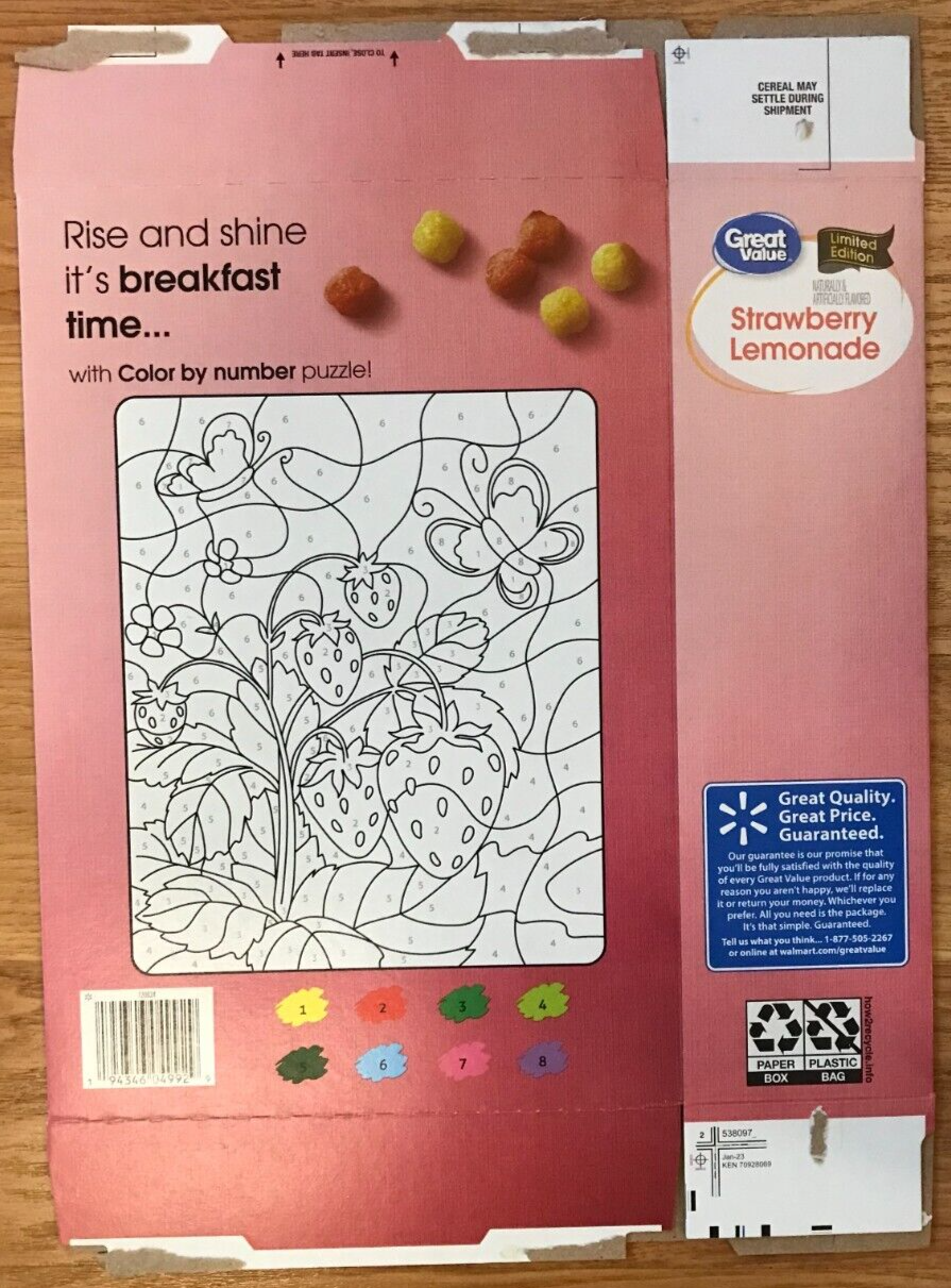 EMPTY Walmart Great Value Strawberry Lemonade LE Puzzle Cereal Box FLAT ...