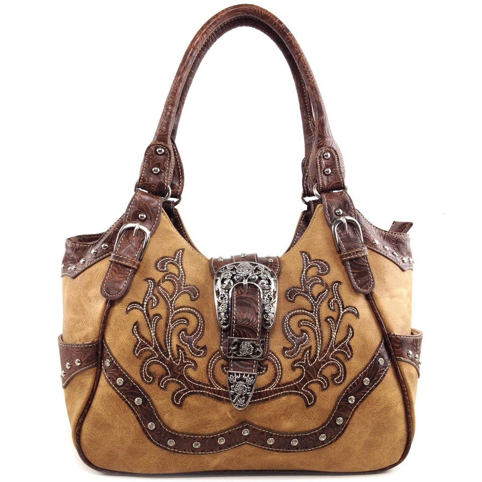 Justin West Western Floral Cut Stud Buckle Conceal Carry Large Handbag ...