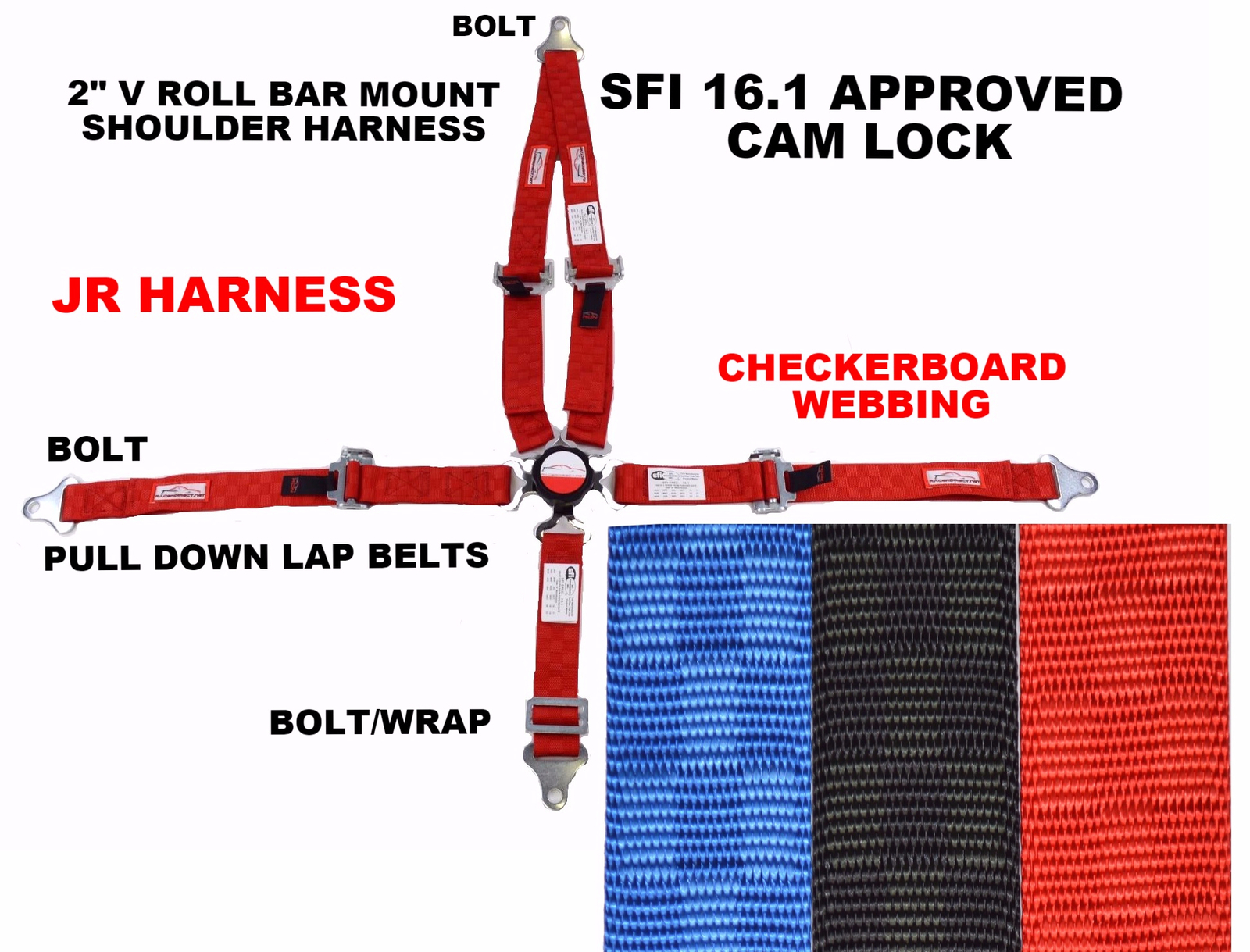 JUNIOR DRAGSTER RACING HARNESS 5 POINT 2" SFI 16.1 V MOUNT CAM LOCK RED ...