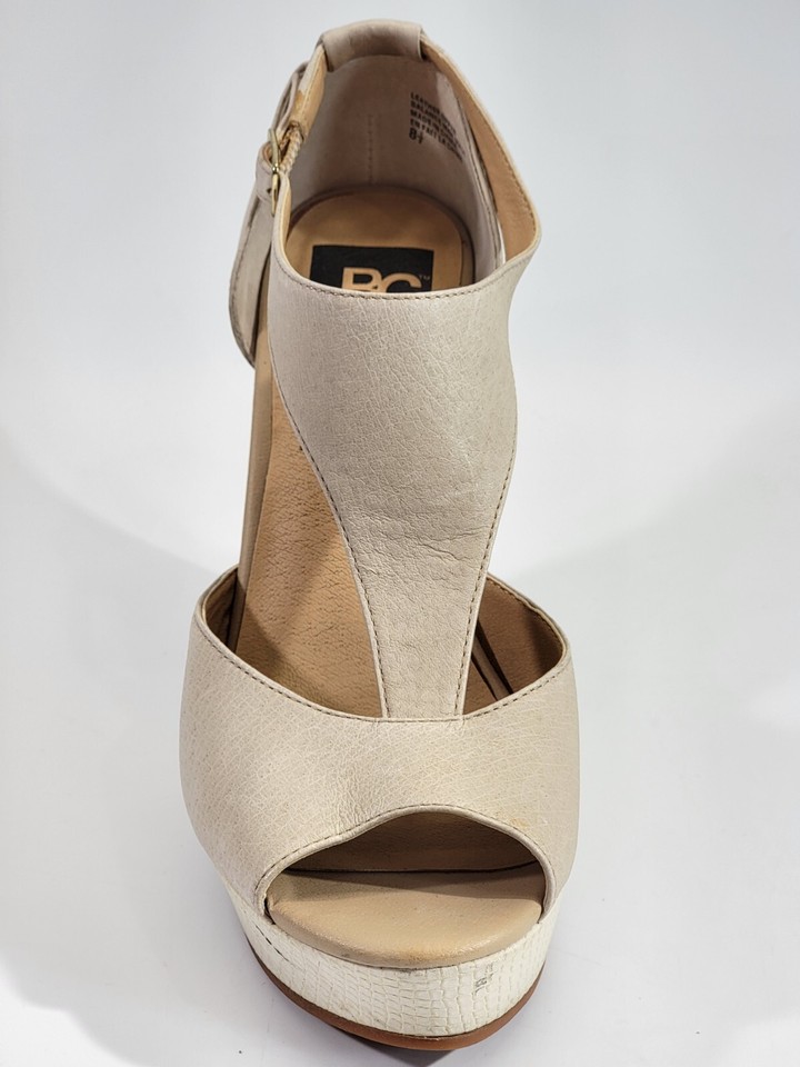 HHP Women's Size 8.5 BC Tan Leather T-Strap Wedge Pumps High Heel Shoes ...