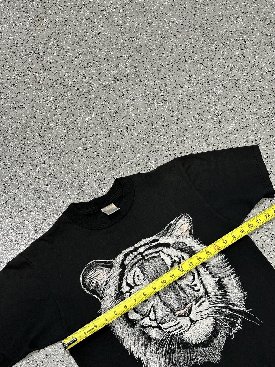 Vintage White Tiger Graphic Print Jerzees 50/50 T Shirt Mens Vintage White Tiger Graphic Print Jerzees 50/50 T Shirt Mens
