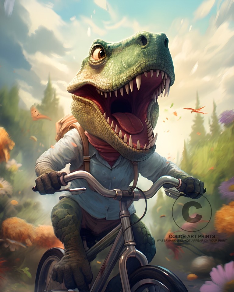 T. rex T-rex tyrannosaurus rex Dinosaur Riding A Bicycle Giclée Art ...